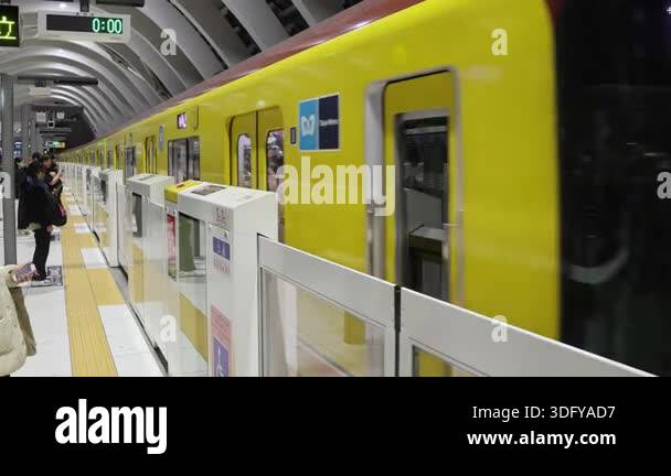 Tokyo, Japan- 16 Dec 2025: Platform of Shibuya Station with train stops ...