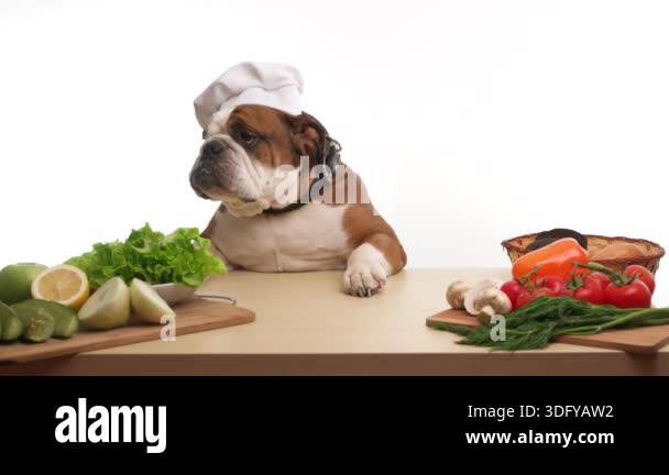 English Bulldog as a chef standing at the table Stock Video Footage - Alamy