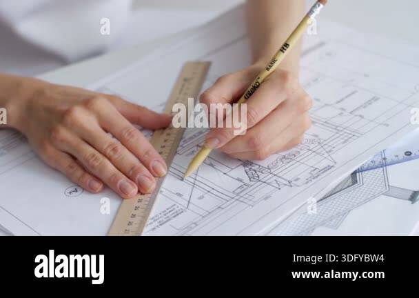 Pretty Womans hands drawing house project Stock Video Footage - Alamy
