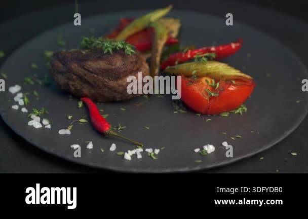 Grilled Beef Steak Meat rotating Stock Video Footage - Alamy