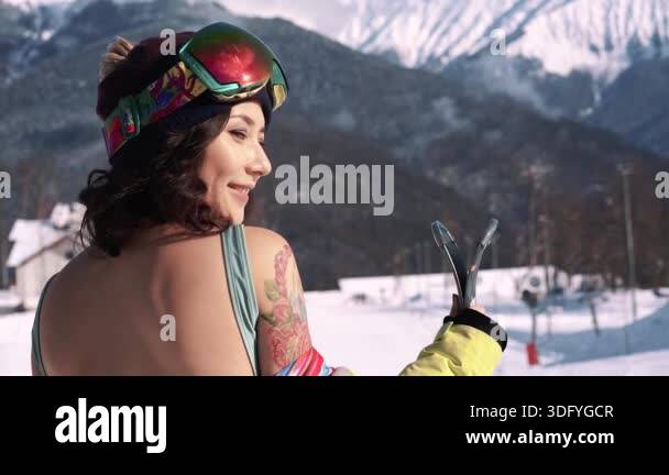 Closeup portrait of cute skier girl smiling Stock Video Footage - Alamy