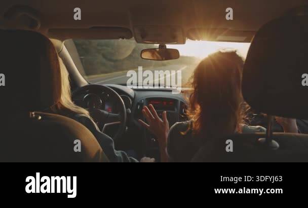 Fun Young Women Dance And Sing In Back Seat Of Moving Car- Shot On Red ...