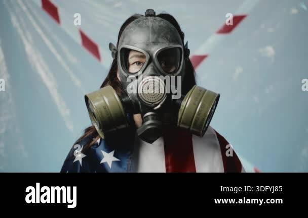 Portrait of a Close Up Woman With Gas Mask wearing usa flag. Healthcare ...