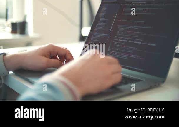 freelance man design web software. Closeup coding on screen, hands type html code and ...