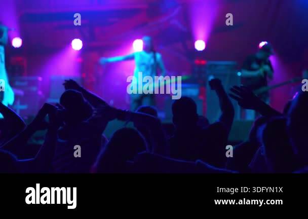 The crowd at music concert, the audience raising their hands up. Gig in ...