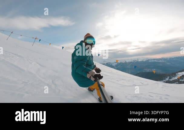 Concept of extreme, sport, winter, freeride, snowboarding. Man riding ...