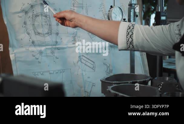 Machine engineer showing his drawing of project on paper. Graphic ...