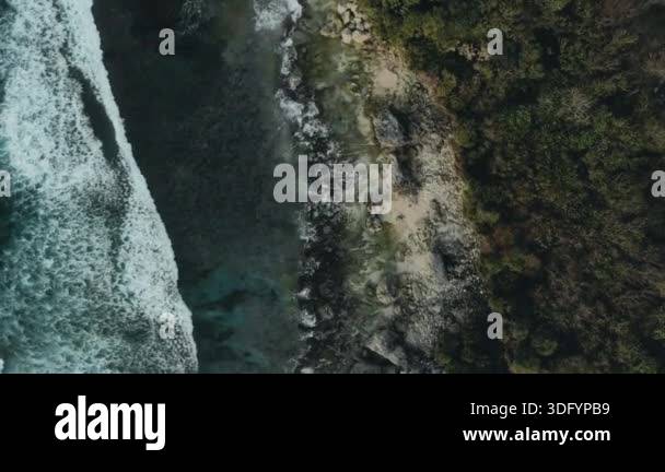 Amazing ocean view on dark water. Drone view. Sea waves breaking on the ...
