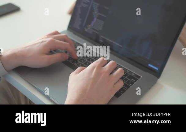 Closeup coding on screen, hands type html code and programming on ...