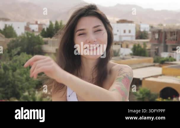 Close up portrait of attractive woman smiling brunette. Confident ...