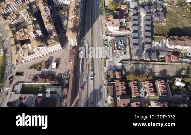Long aerial view from top on beautiful district with interesting modern ...