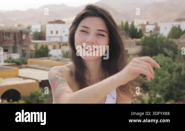 Close up portrait of attractive woman smiling brunette. Confident ...