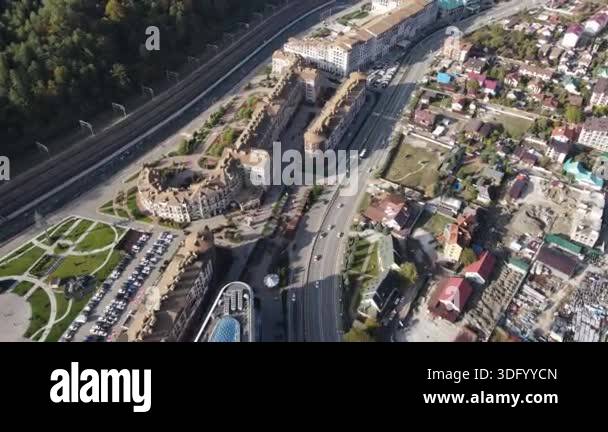 Long aerial view from top on beautiful district with interesting modern ...
