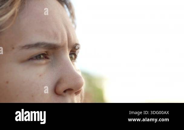 Young woman closeup portrait with scar on her face. Home violence ...
