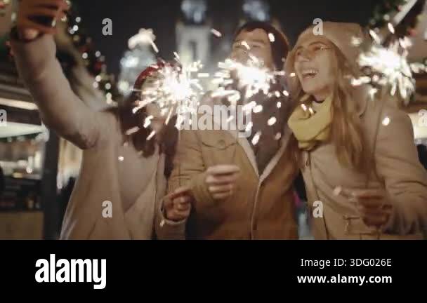 Concept of winter holidays and friendship. Group of friends taking a ...