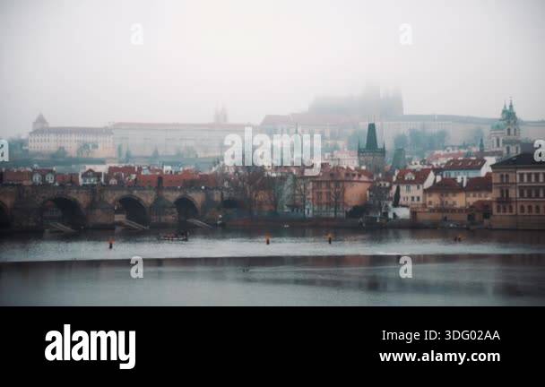 Magnifficent panorama of old european town on foggy winter day. Amazing ...