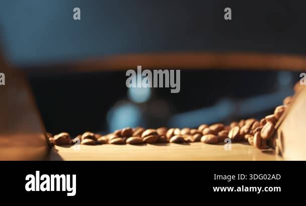 Roasted coffee beans fly and spin on a black background in slow motion ...