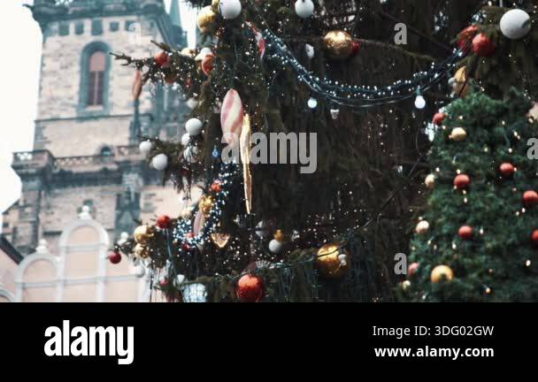 Blinking lights on christmas tree at Prague castle square. Large tree ...