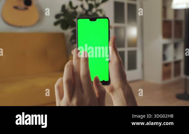 Chroma Key Surfing Internet. Handheld Camera: Point of View of Woman at ...