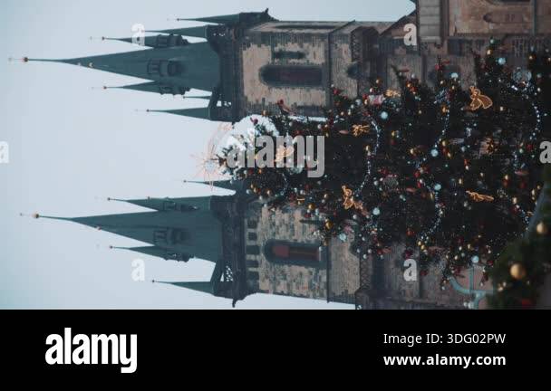 Vertical video. Central square in Prague castle. Big christmas tree ...