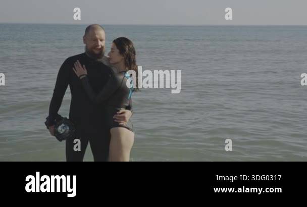 Freediver couple in love, seaside. Freediving is a sport when a person ...