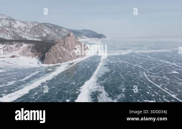 Frozen Lake Baikal, Aerial view. Beautiful winter landscape with clear ...