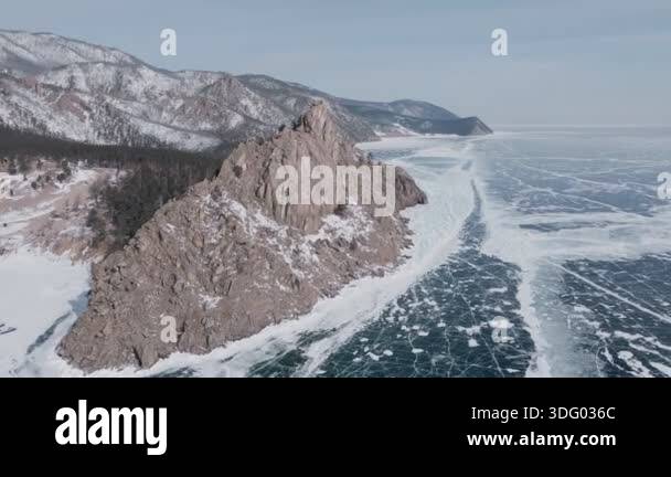 Frozen Lake Baikal, Aerial view. Beautiful winter landscape with clear ...