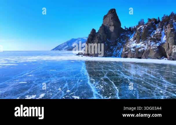 Frozen Lake Baikal, Aerial view. Beautiful winter landscape with clear ...