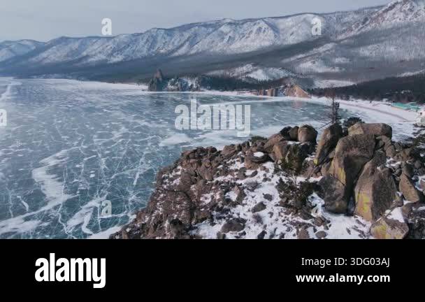 Frozen Lake Baikal, Aerial view. Beautiful winter landscape with clear ...