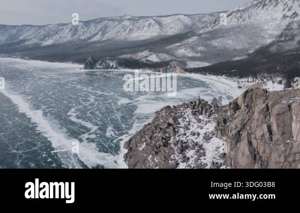 Frozen Lake Baikal, Aerial view. Beautiful winter landscape with clear ...
