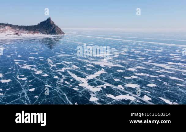 Frozen Lake Baikal, Aerial view. Beautiful winter landscape with clear ...