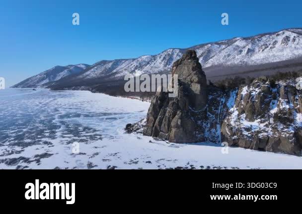 Frozen Lake Baikal, Aerial view. Beautiful winter landscape with clear ...
