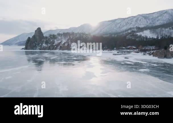 Frozen Lake Baikal, Aerial view. Beautiful winter landscape with clear ...