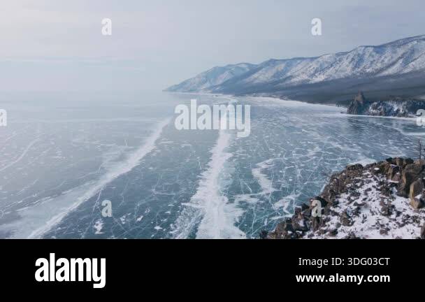 Frozen Lake Baikal, Aerial view. Beautiful winter landscape with clear ...