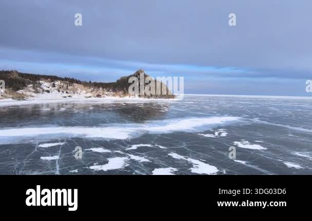Frozen Lake Baikal, Aerial view. Beautiful winter landscape with clear ...