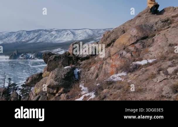 Frozen Lake Baikal, Aerial view. Beautiful winter landscape with clear ...