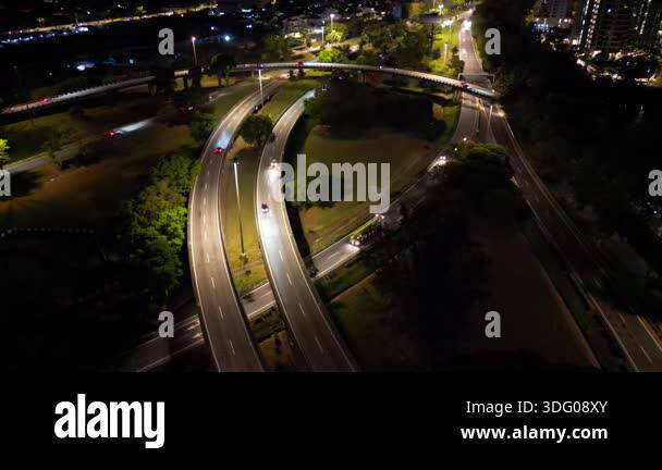 Aerial view highway with a car light trail at Penang Island. Penang ...