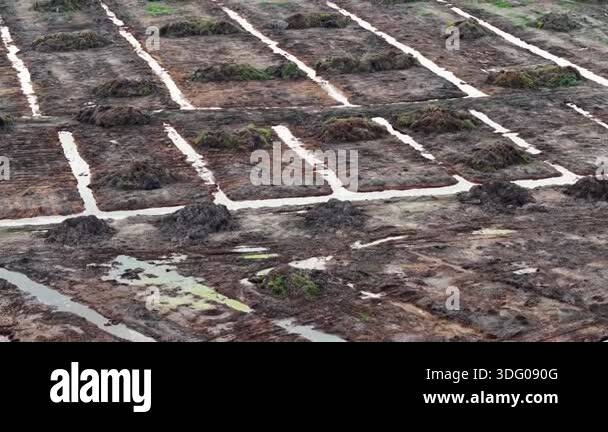 A field with a lot of mud and dirt. There are some small holes in the ...