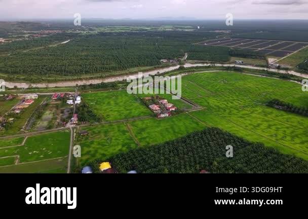 Lush green field with a river running through it. The river is ...
