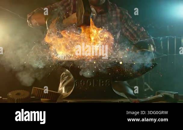 Cinematic close-up of blacksmith forging glowing hot iron on anvil with ...