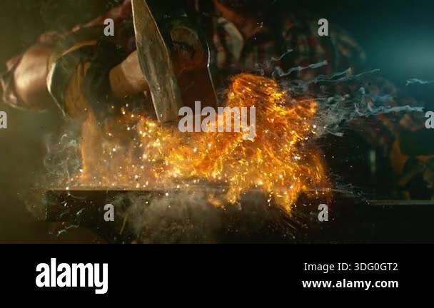 Cinematic close-up of blacksmith forging glowing hot iron on anvil with ...