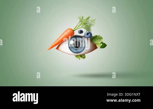 Fresh carrots, leafy greens, and blueberries appear around the eye ...