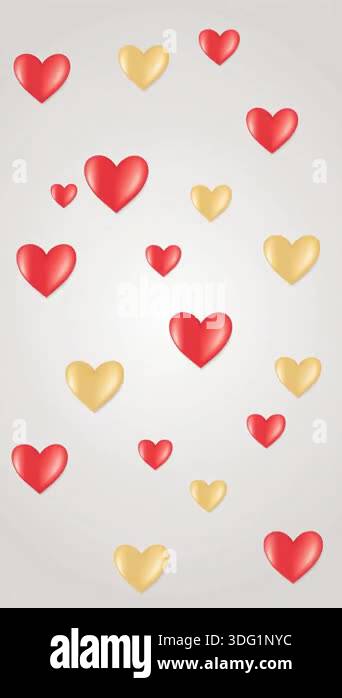 Little hearts in red and golden colors moving on white background ...