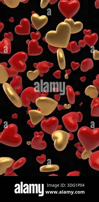 Glossy red and golden hearts float on black background in simple dance ...