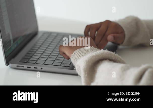 Closeup hands of African American typing laptop. Student child girl ...
