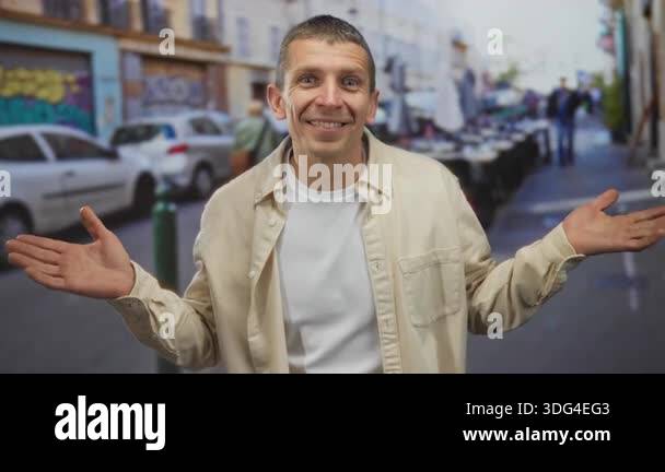 Smiling man in beige shirt on urban street with colorful graffiti and ...