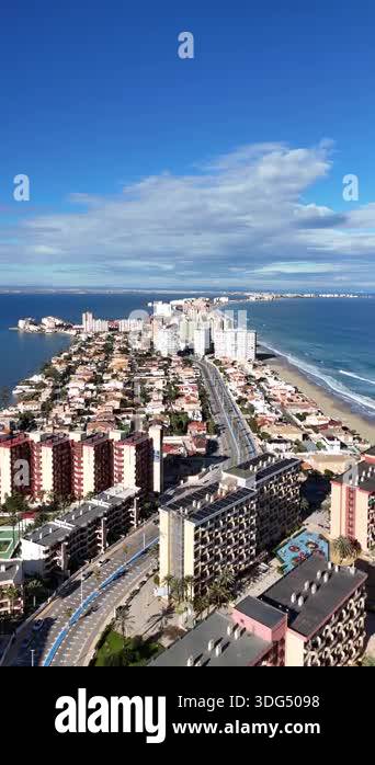 Aerial drone view of La Manga del Mar Menor in Spain with long sandy ...