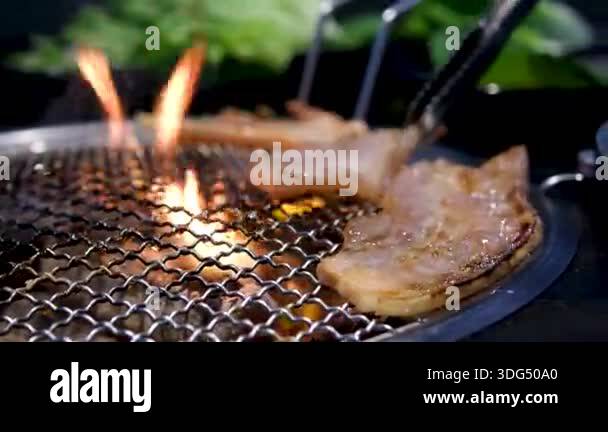 Top-down view of beautifully marbled raw Hanu beef slices, mushrooms ...