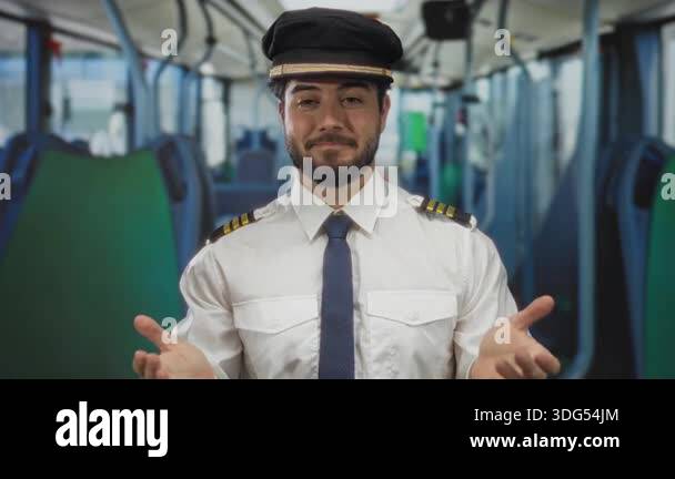 Young man with beard and uniform smiling in a bus interior showcasing a ...