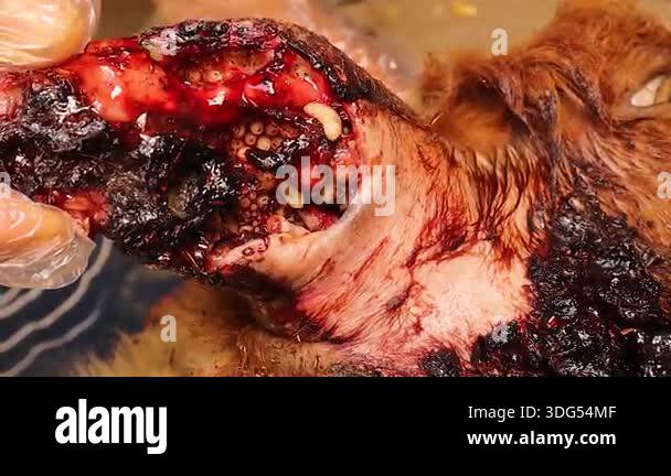 Close-up sheep myiasis: fly larvae infesting an untreated wound. shows ...